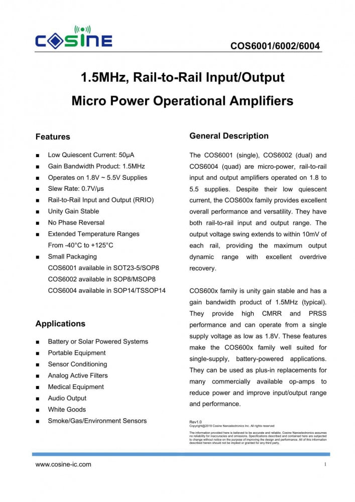 COS6001TR datasheet page 1