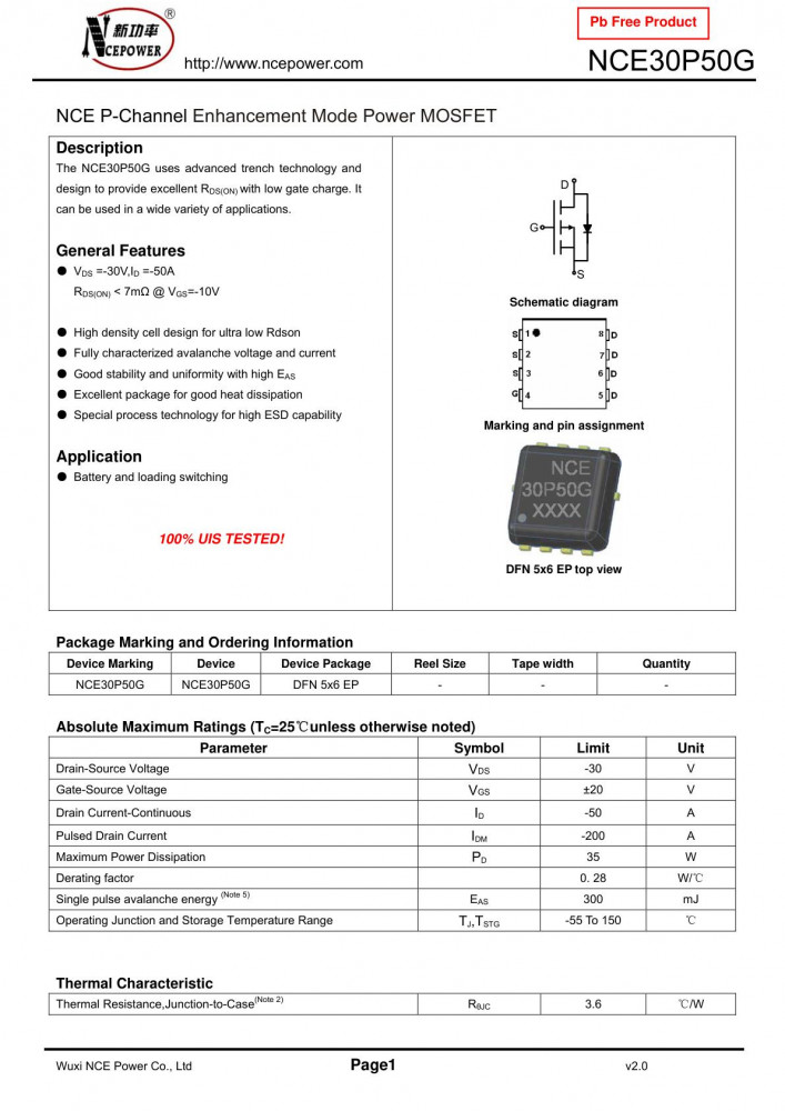NCE30P50G datasheet page 1