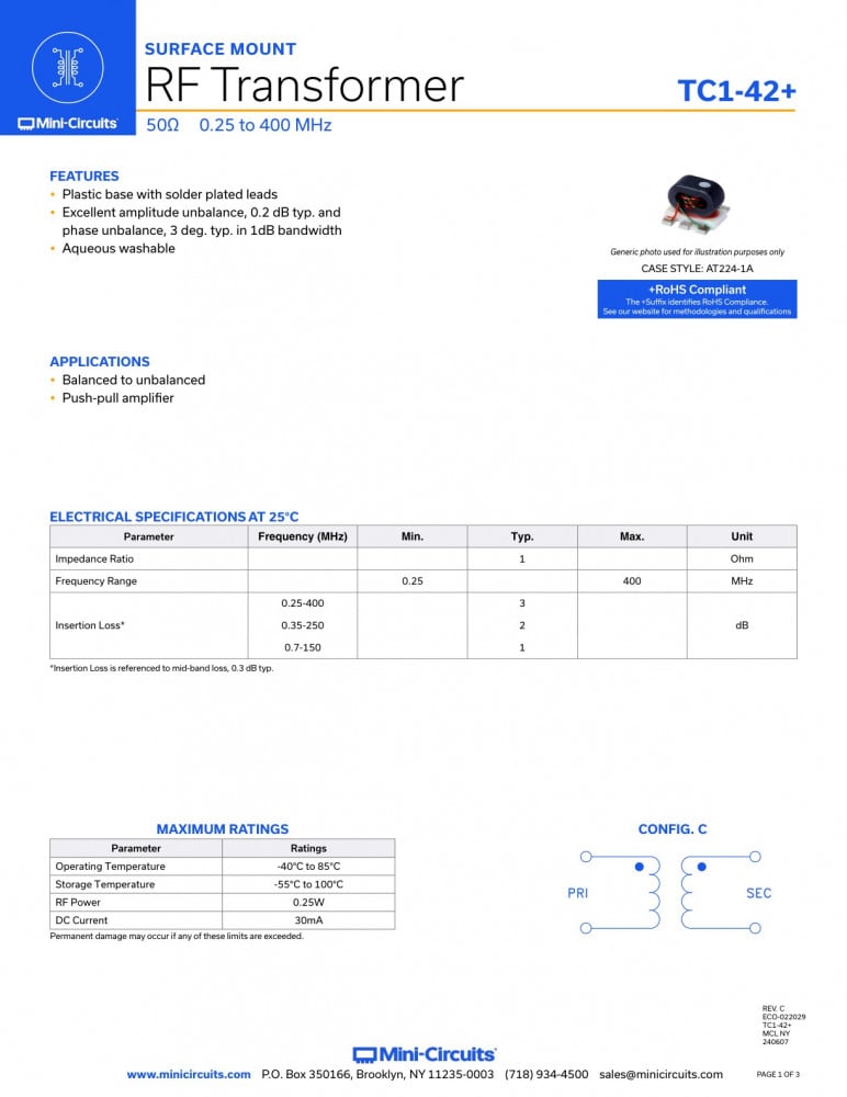 TC1-42+ datasheet page 1