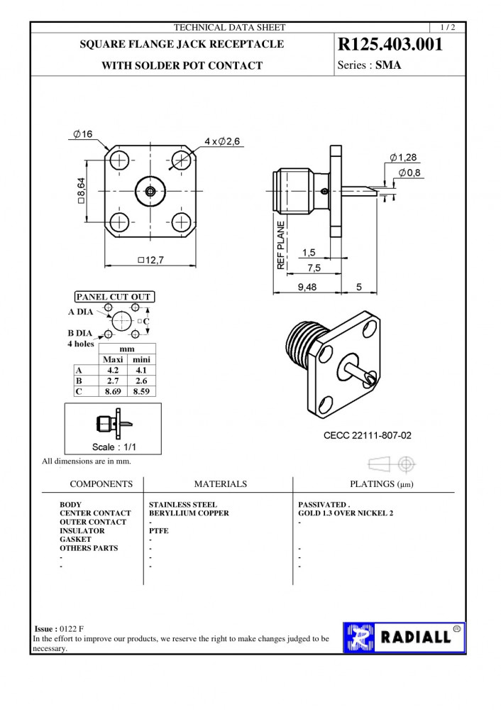Radiall R125.403.001 mechanical drawing and material information