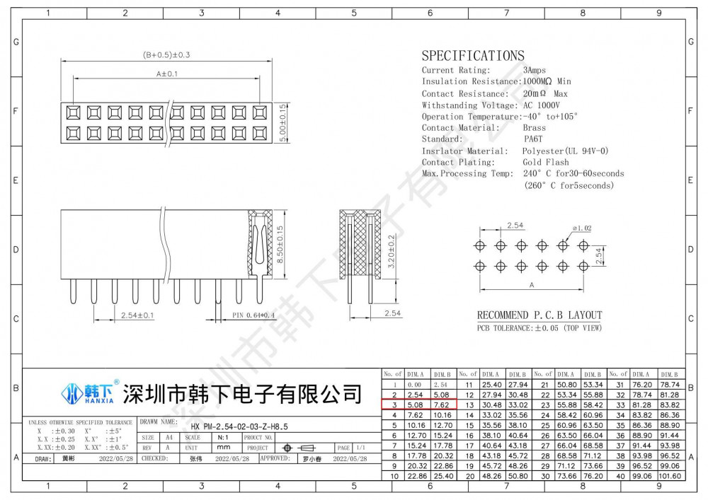 HX PM-2.54-02-03-Z-H8.5 technical drawing