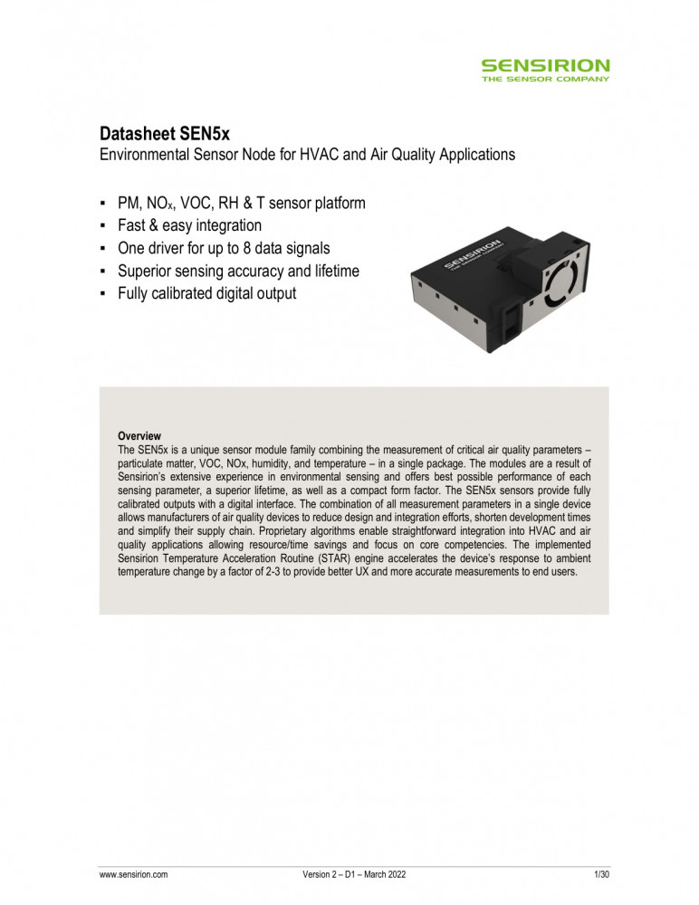 SEN5x datasheet page 1