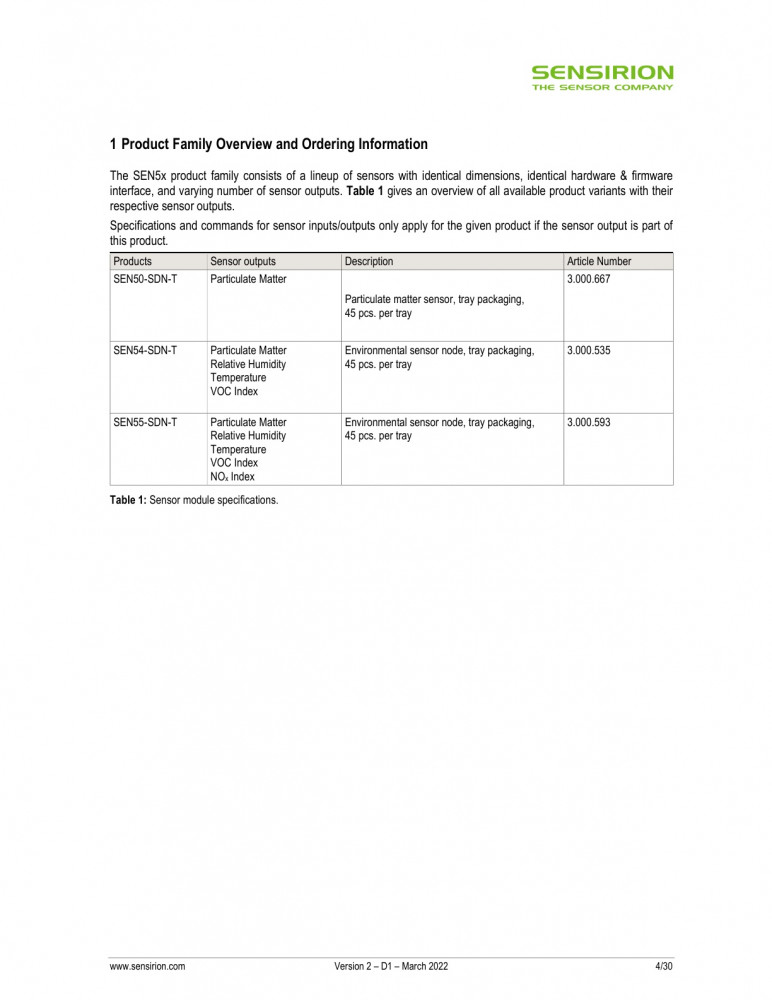 SEN5x datasheet page 4