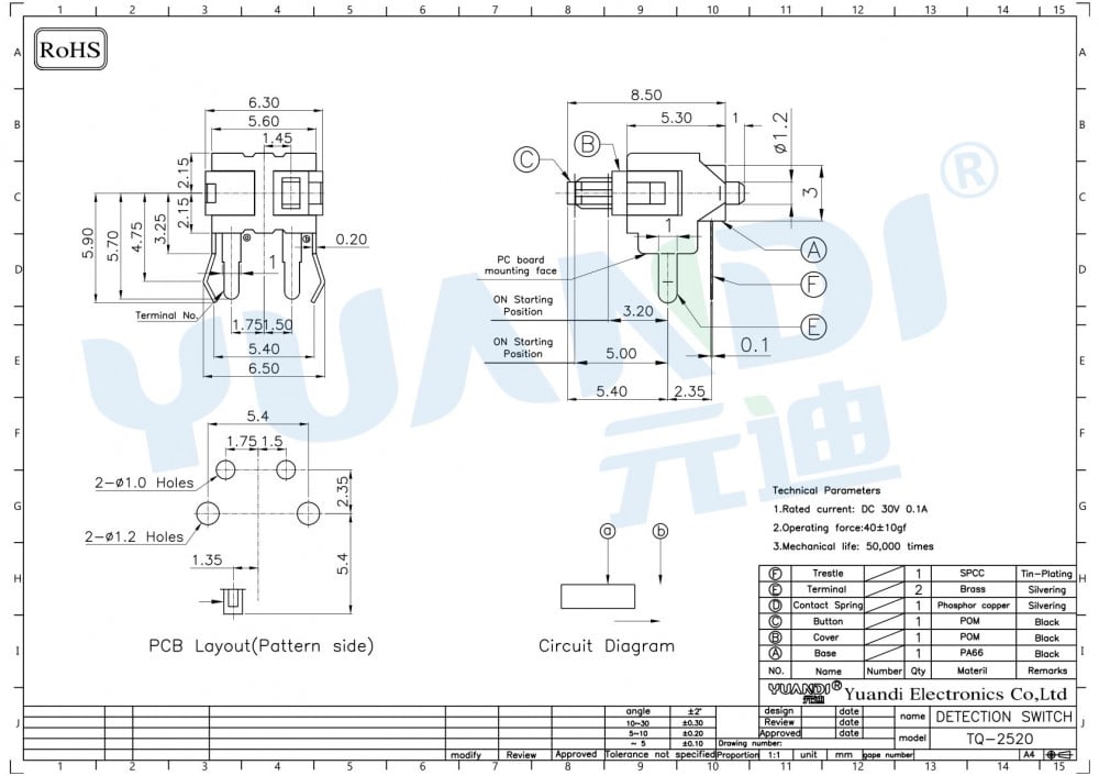 YUANDI TQ-2520 detection switch technical drawing