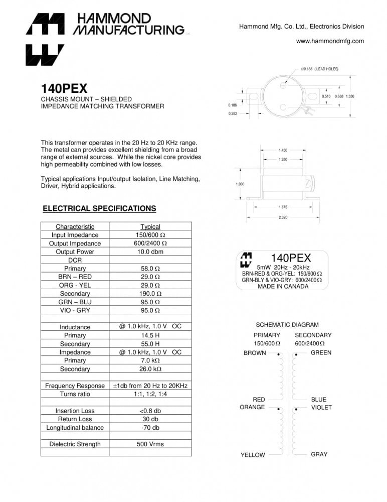 Hammond 140PEX technical document page 1