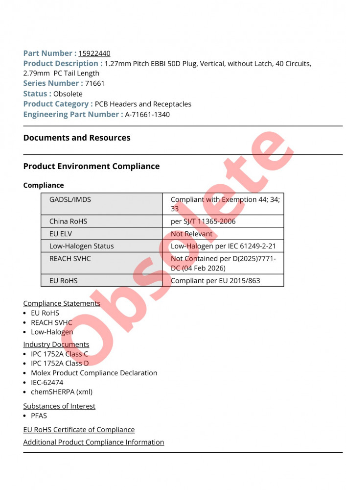 Technical document page 1 for MOLEX 15922440