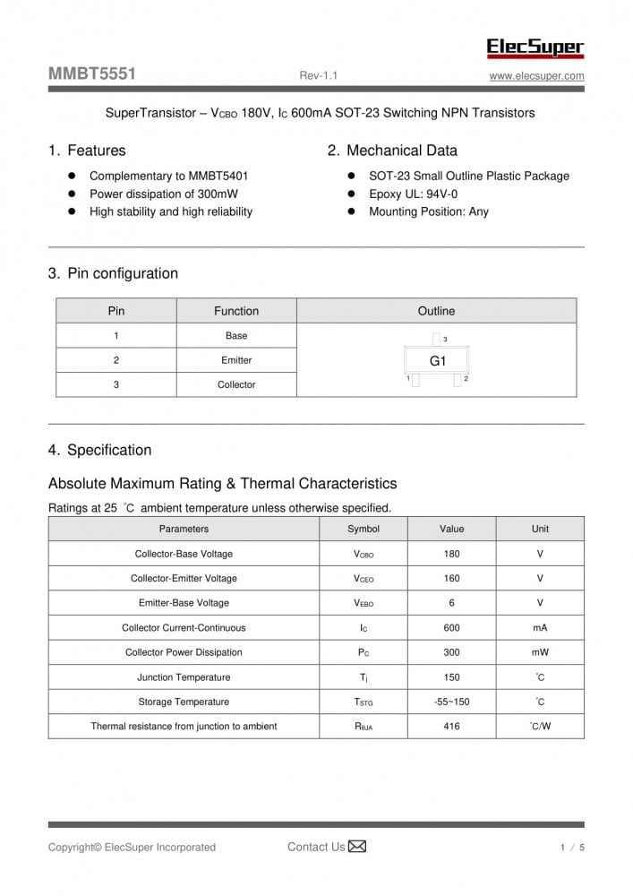 MMBT5551 datasheet page 1