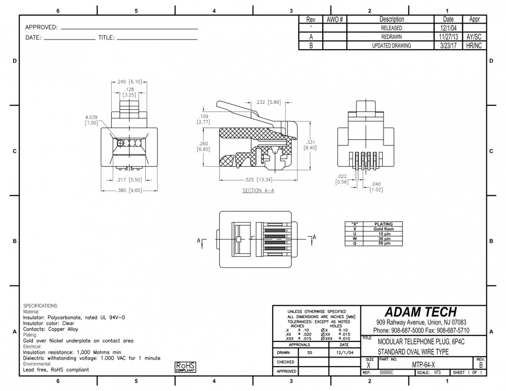 ADAM TECH MTP-64-X 6P4C modular telephone plug drawing preview