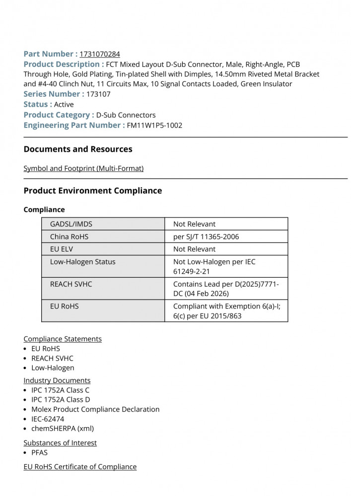 Technical document page 1 for Molex 1731070284