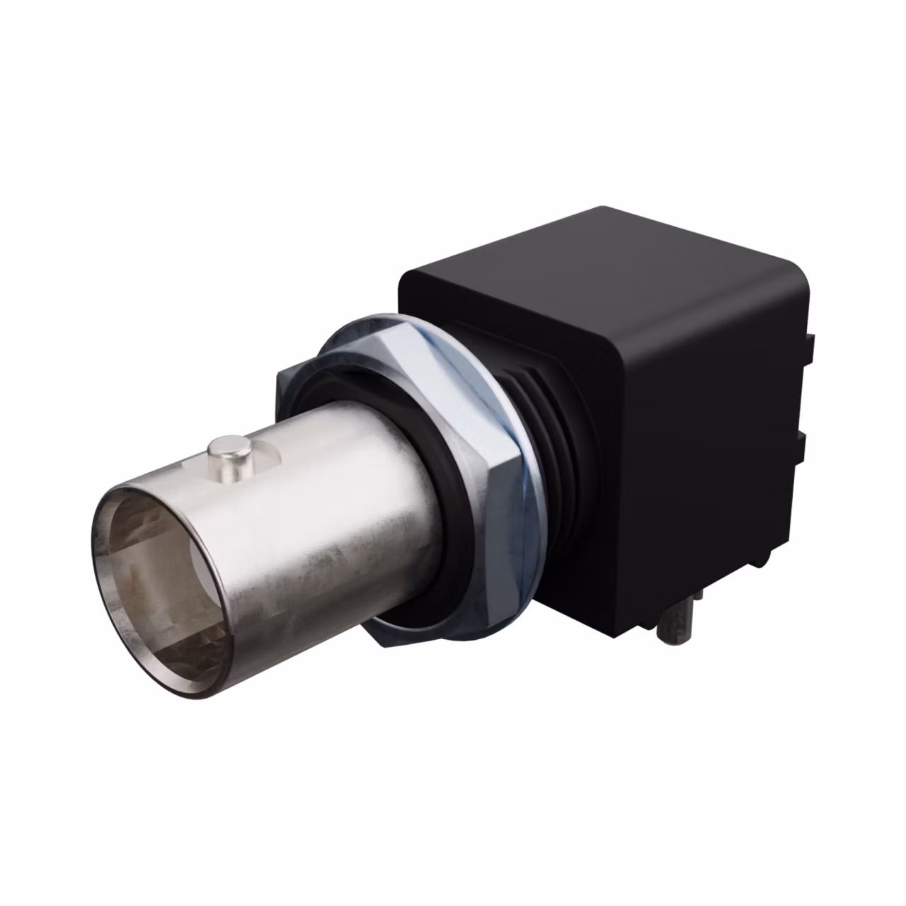 BNC Jack, Right-Angle, Bulkhead Receptacle, PCB, Through Hole, Panel Isolated, Black PBT Housing, Housing Height 15.90mm, Nut and Lockwasher Included, Gold (Au) Flash on Contact, 50 Ohms for sale