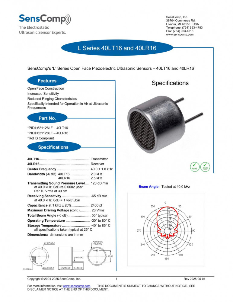 SensComp L Series product specification sheet, page 1