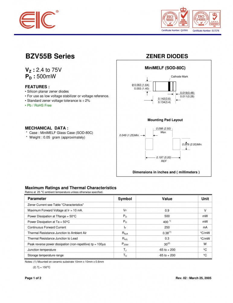 EIC BZV55B series datasheet page 1