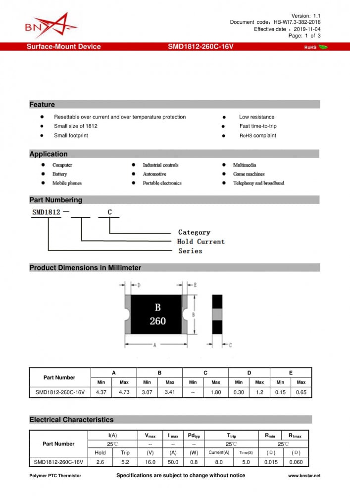 BNstar SMD1812-260C-16V datasheet page 1
