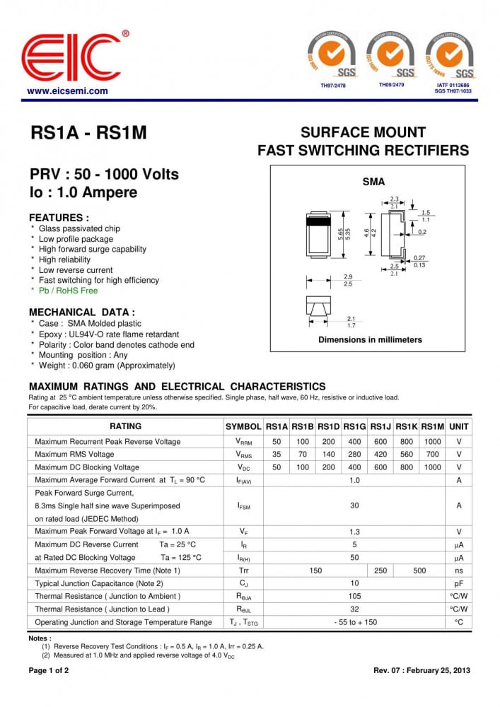EIC RS1G datasheet page 1
