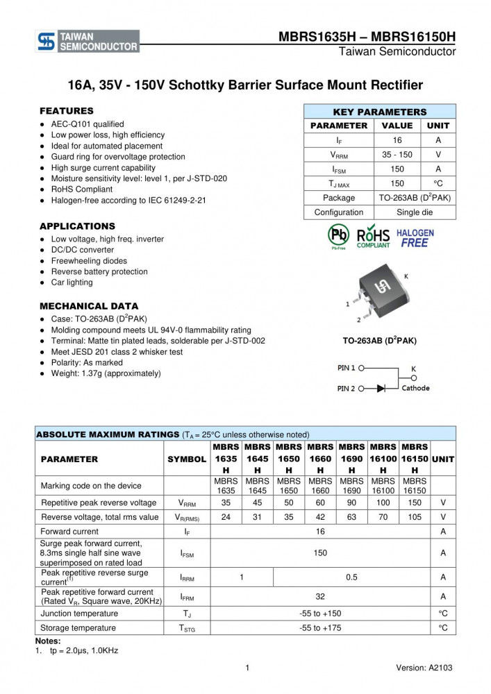 MBRS1645H technical document, page 1