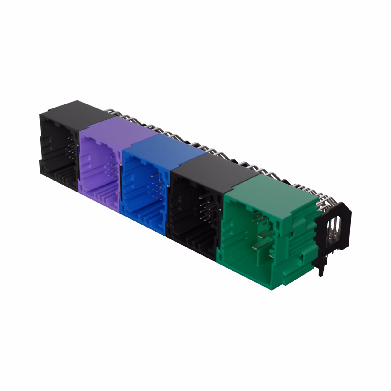 stAK50h 5 Bay Right-Angle Hybrid Header, 143 Circuits, Bay 1: 32 Circuits/Key 3/Dark Gray; Bay 2: 32 Circuits/Key 4/Purple; Bay 3: 27 Circuits/Key 3/Blue; Bay 4: 27 Circuits/Key 1/Black; Bay 5: 25 Circuits/Key 1/Green; Tray for sale