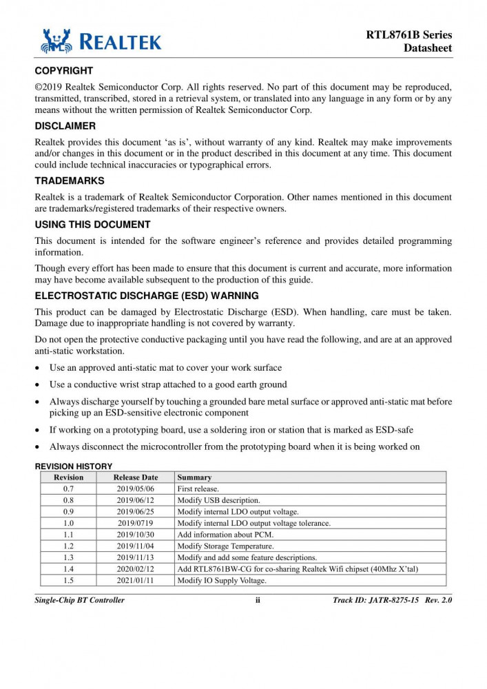 RTL8761B datasheet page 2