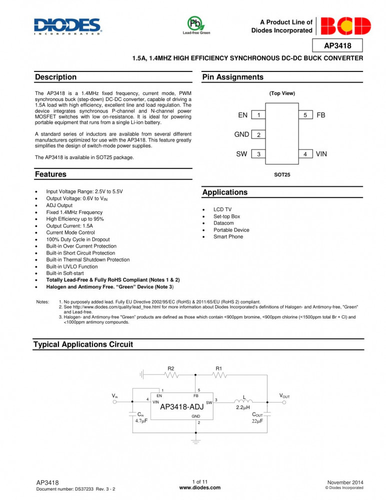 AP3418KTR-G1 datasheet page 1