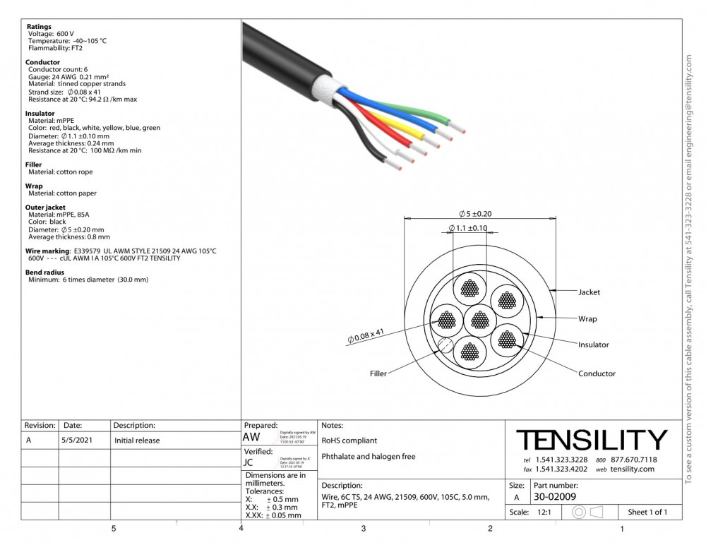 Tensility International 30-02009 product drawing, revision A