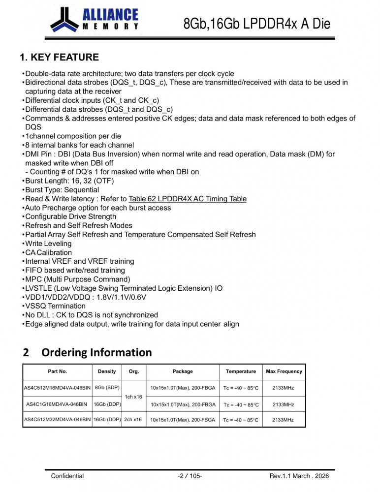 Alliance Memory LPDDR4X datasheet page 2