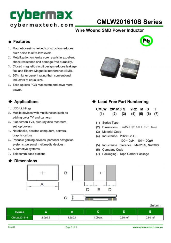 Cybermax CMLW201610SR68NST datasheet page 1