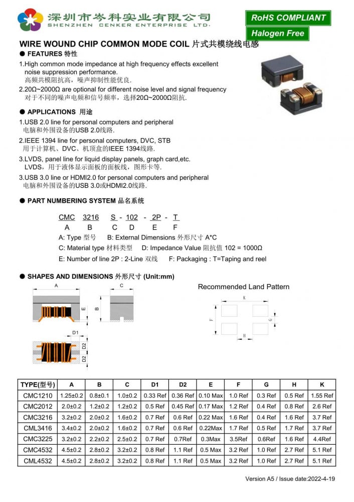 CENKER common mode coil datasheet page 1