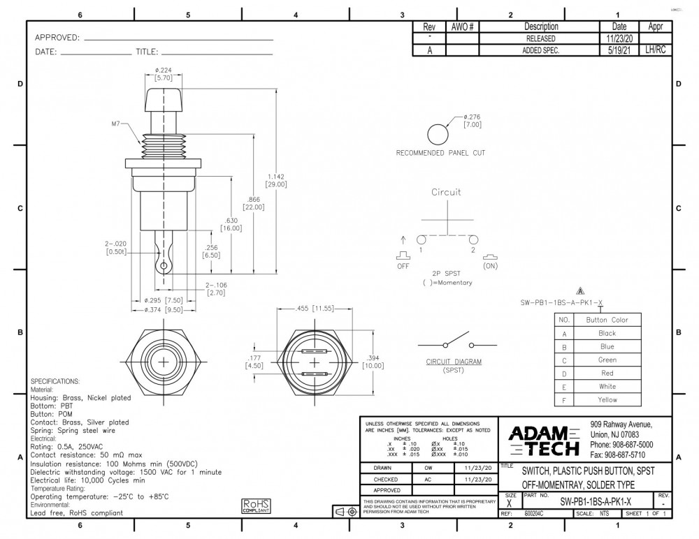 ADAM TECH SW-PB1-1BS-A-PK1-X product drawing preview