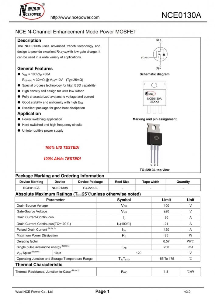 NCE0130A datasheet page 1
