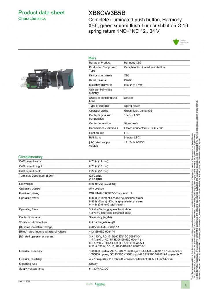 XB6CW3B5B technical document page 1