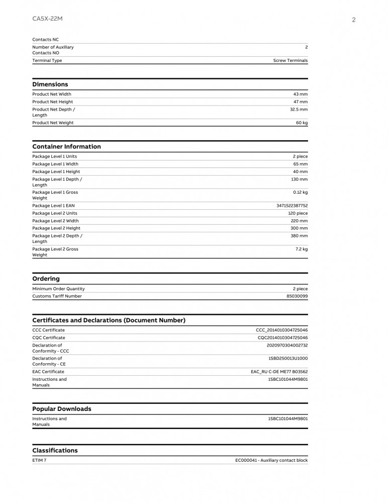 ABB CA5X-22M technical document page 2