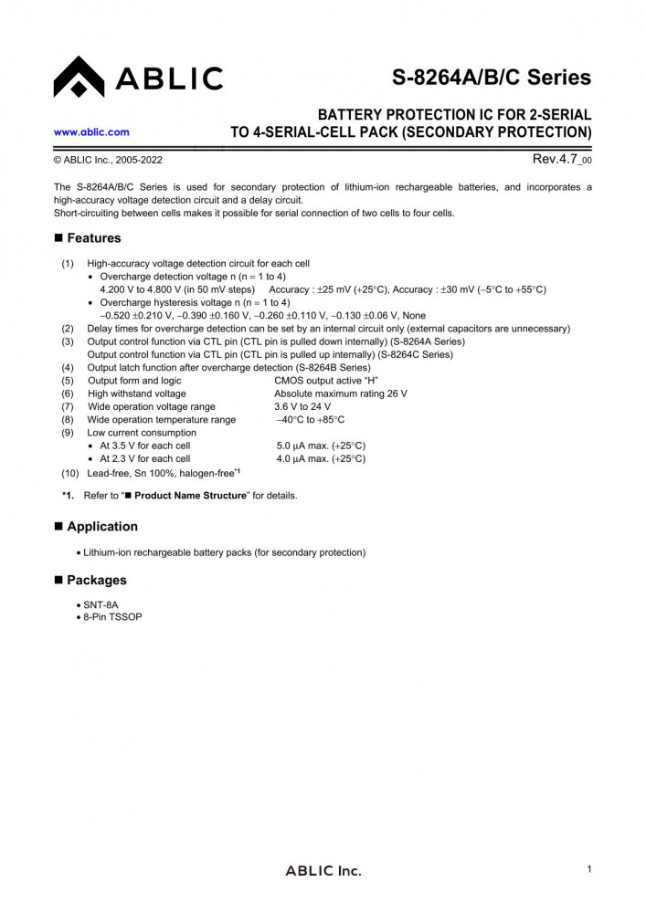 S-8264A/B/C datasheet page 1
