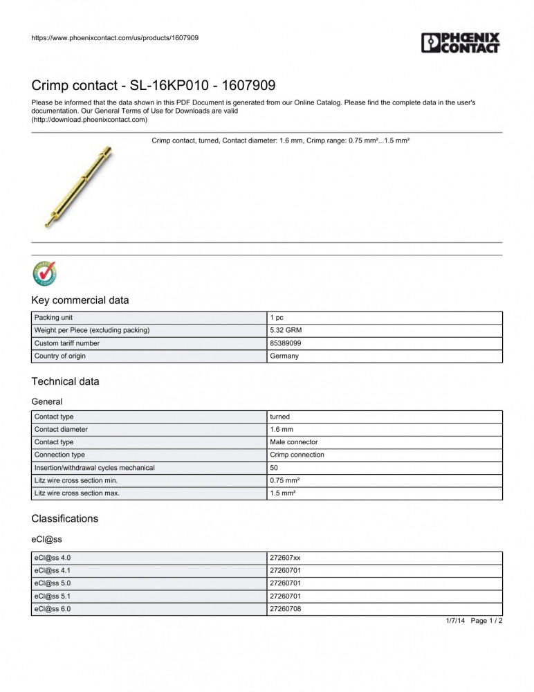 Phoenix Contact 1607909 SL-16KP010 product data sheet image