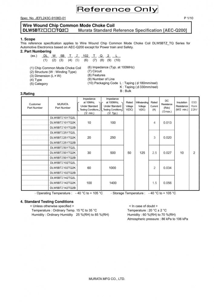 DLW5BTZ501TQ2L specification page 1