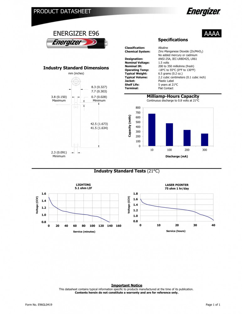 E96 alkaline cell technical document page