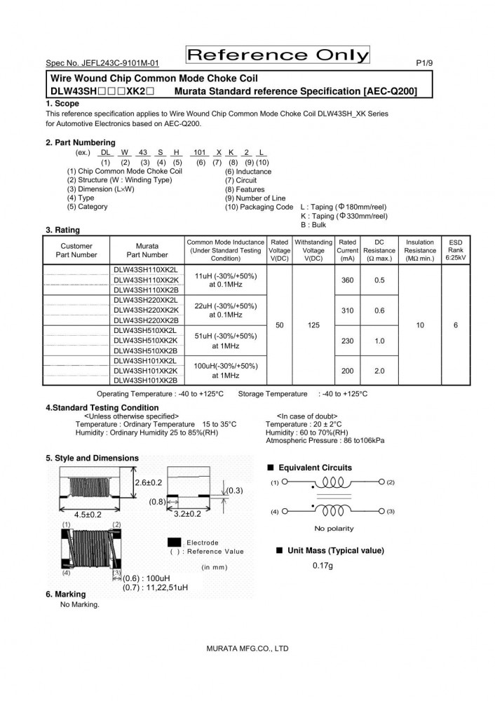DLW43SH220XK2L specification page 1