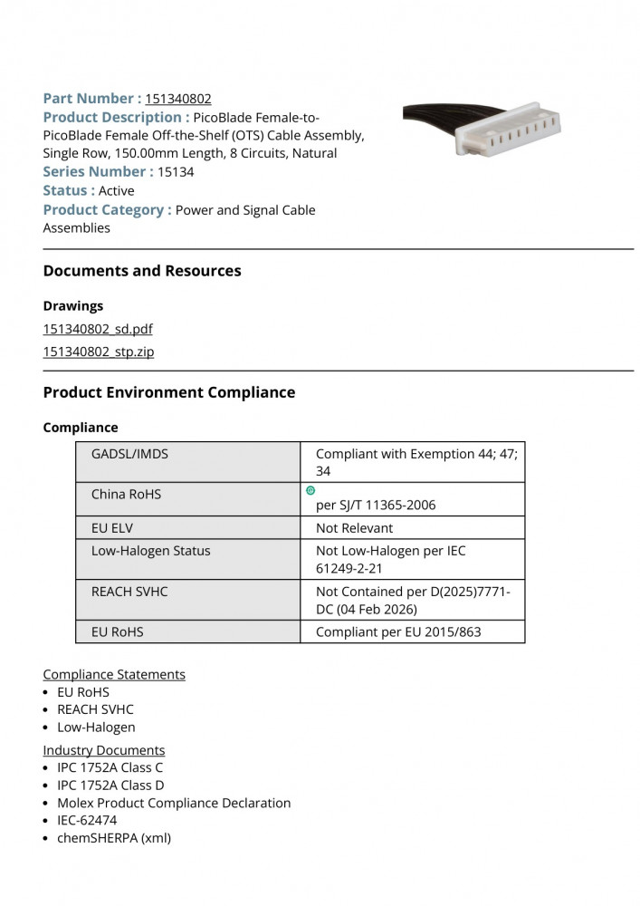 MOLEX 151340802 technical document page 1
