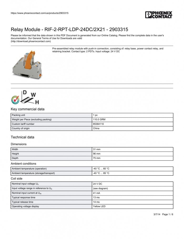 Phoenix Contact 2903315 document page 1