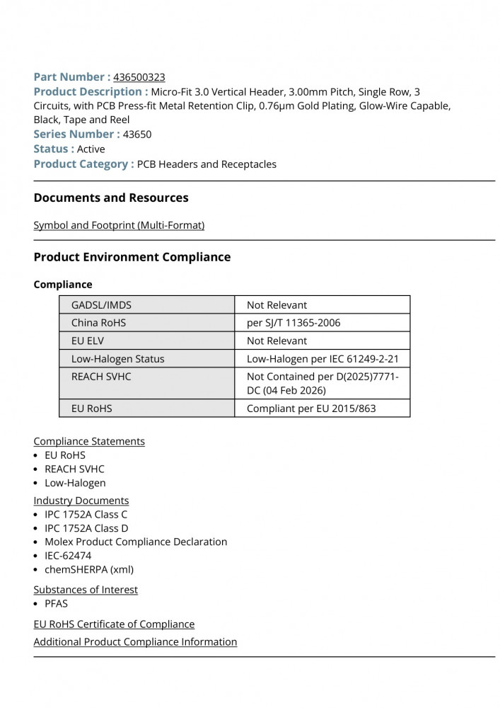MOLEX 436500323 technical document preview, page 1