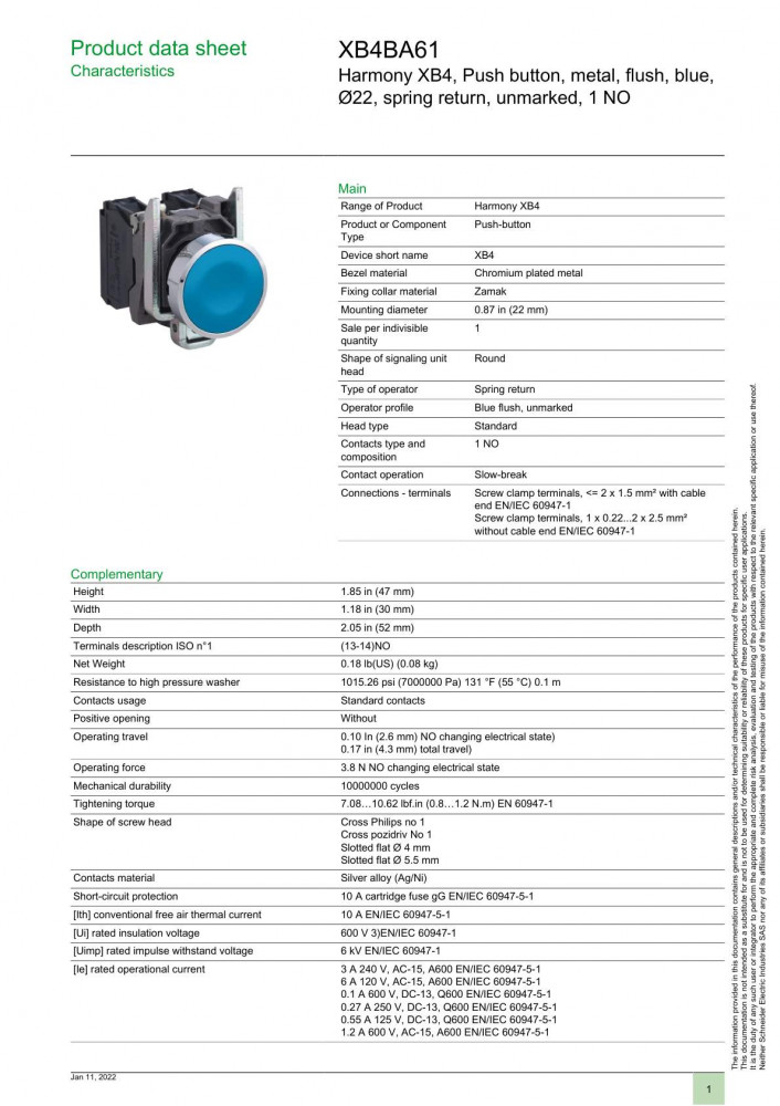 XB4BA61 technical document page 1
