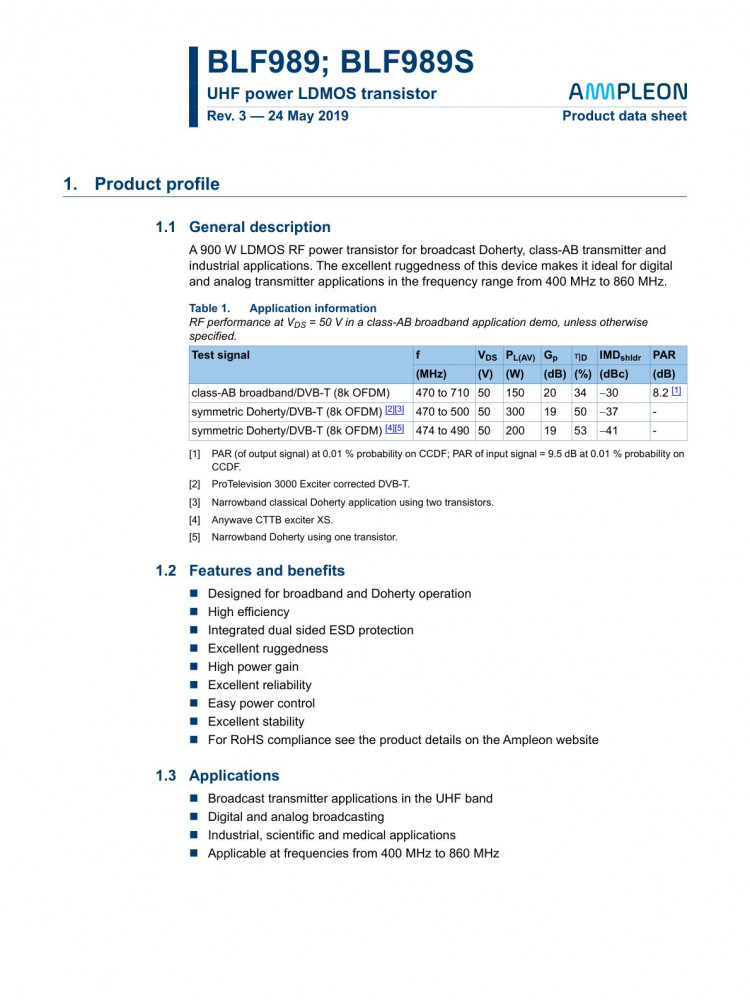 BLF989U datasheet page 1