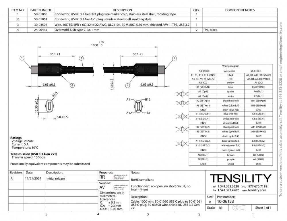 10-06153 USB-C cable assembly technical drawing page