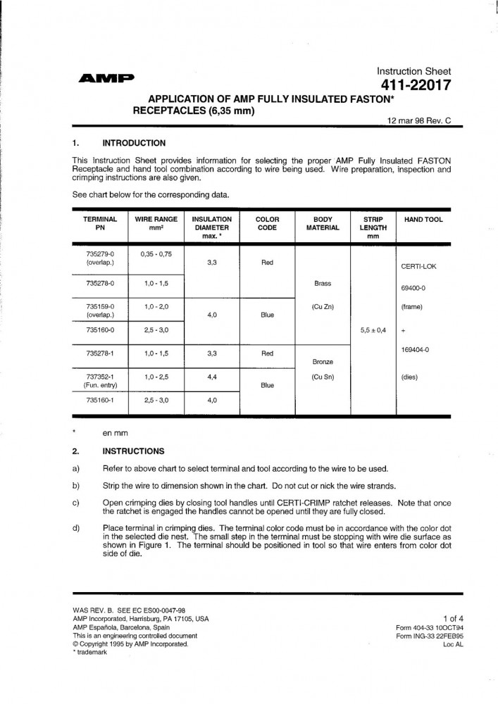 AMP Fully Insulated FASTON instruction sheet page 1