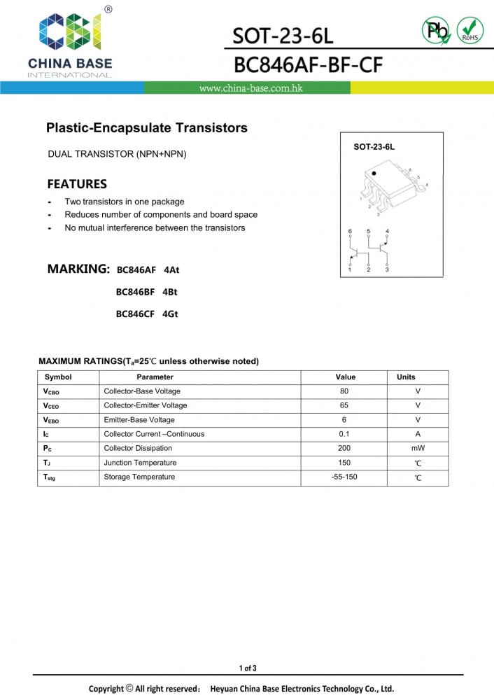 CBI BC846B datasheet page 1