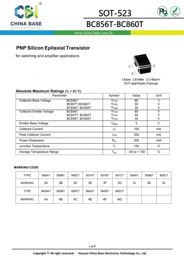 CBI BC856AT datasheet page 1