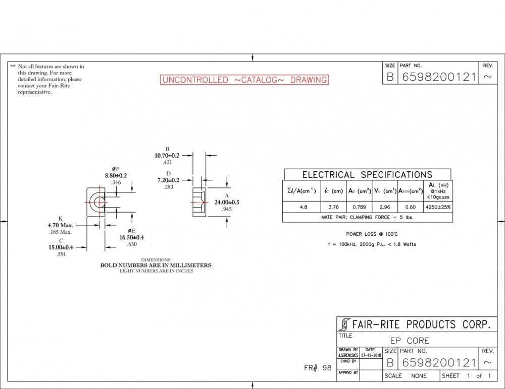 Fair-Rite 6598200121 EP Core drawing