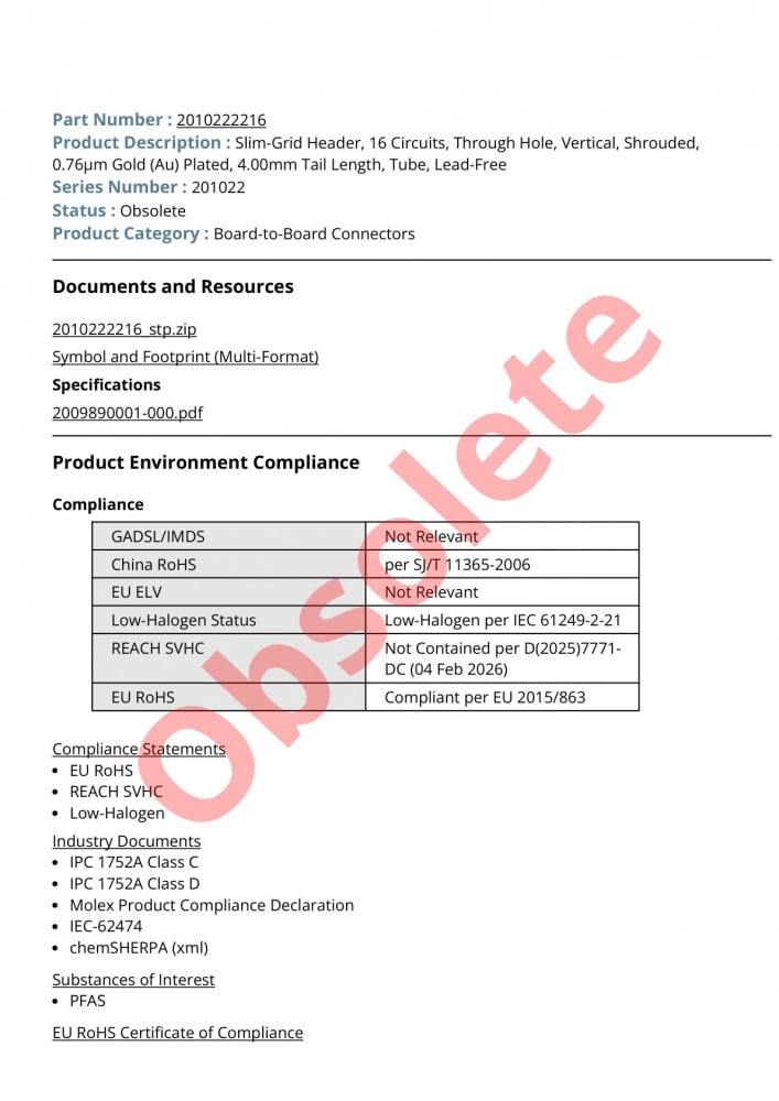 Technical document page 1 for MOLEX 2010222216