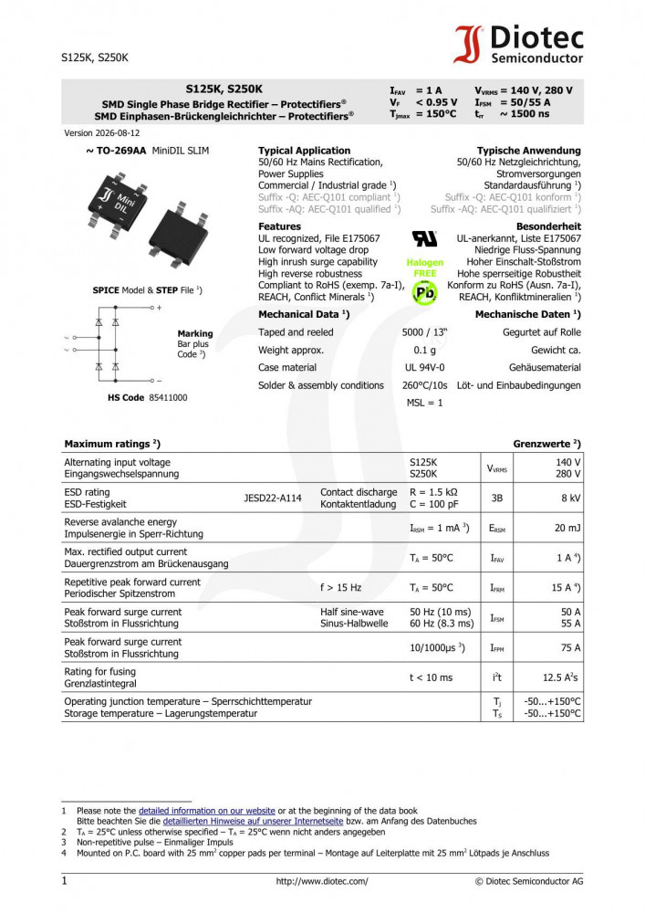 DIOTEC S125K datasheet page 1
