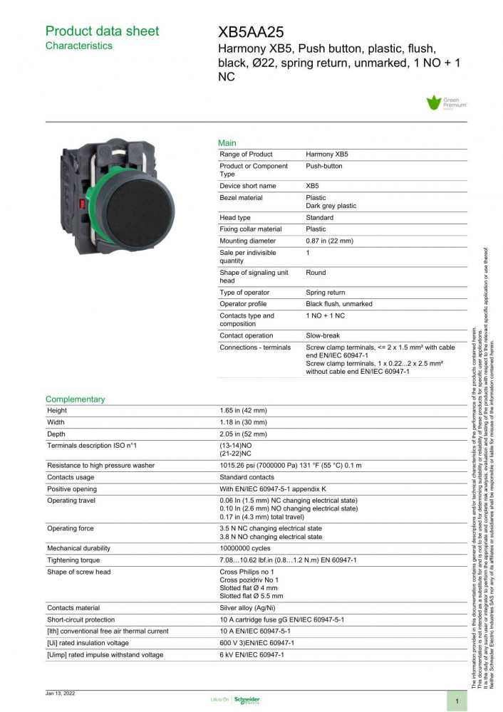 XB5AA25 technical document page 1
