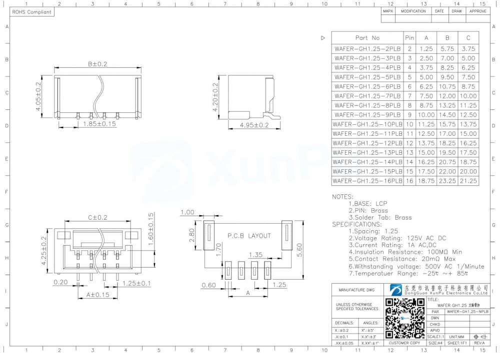 XUNPU WAFER-GH1.25-5PLB technical drawing page