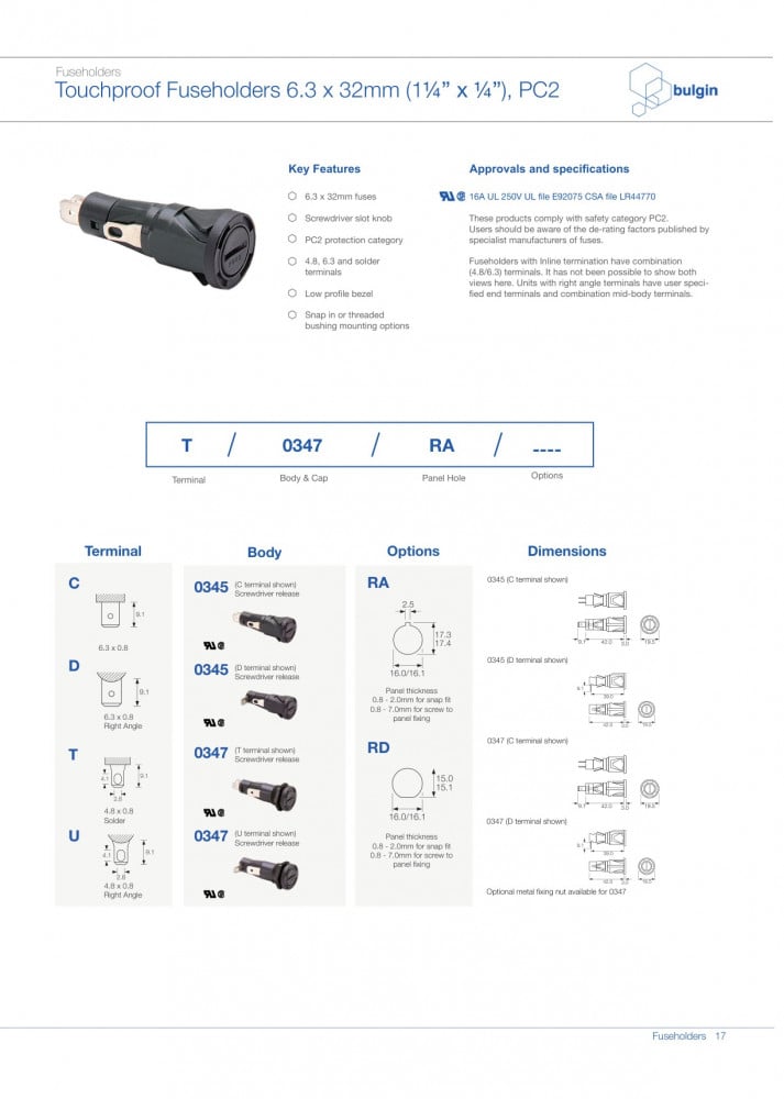Bulgin 0347 fuseholder technical document page